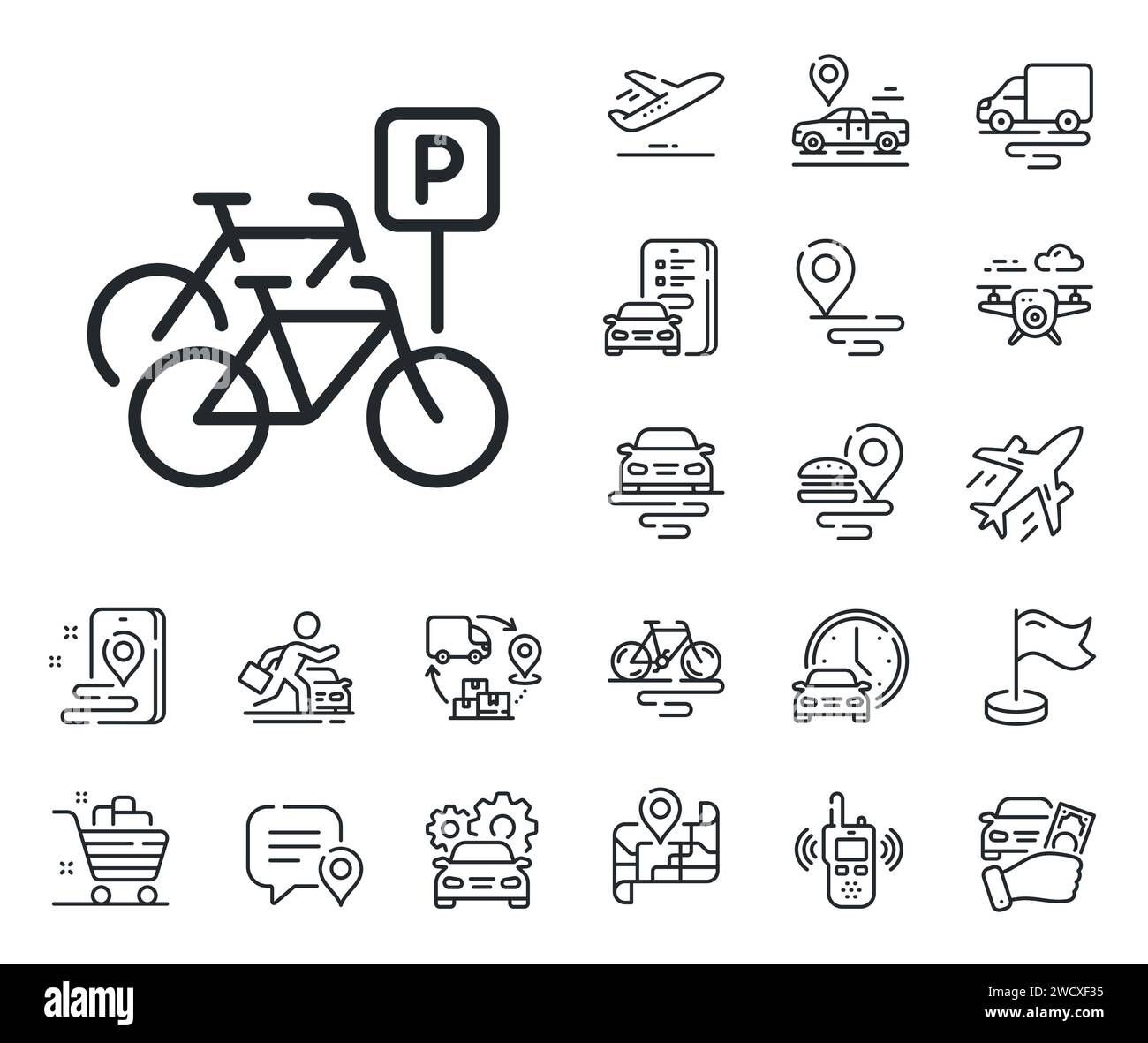 Bicycle parking line icon. City bike transport sign. Plane, supply ...