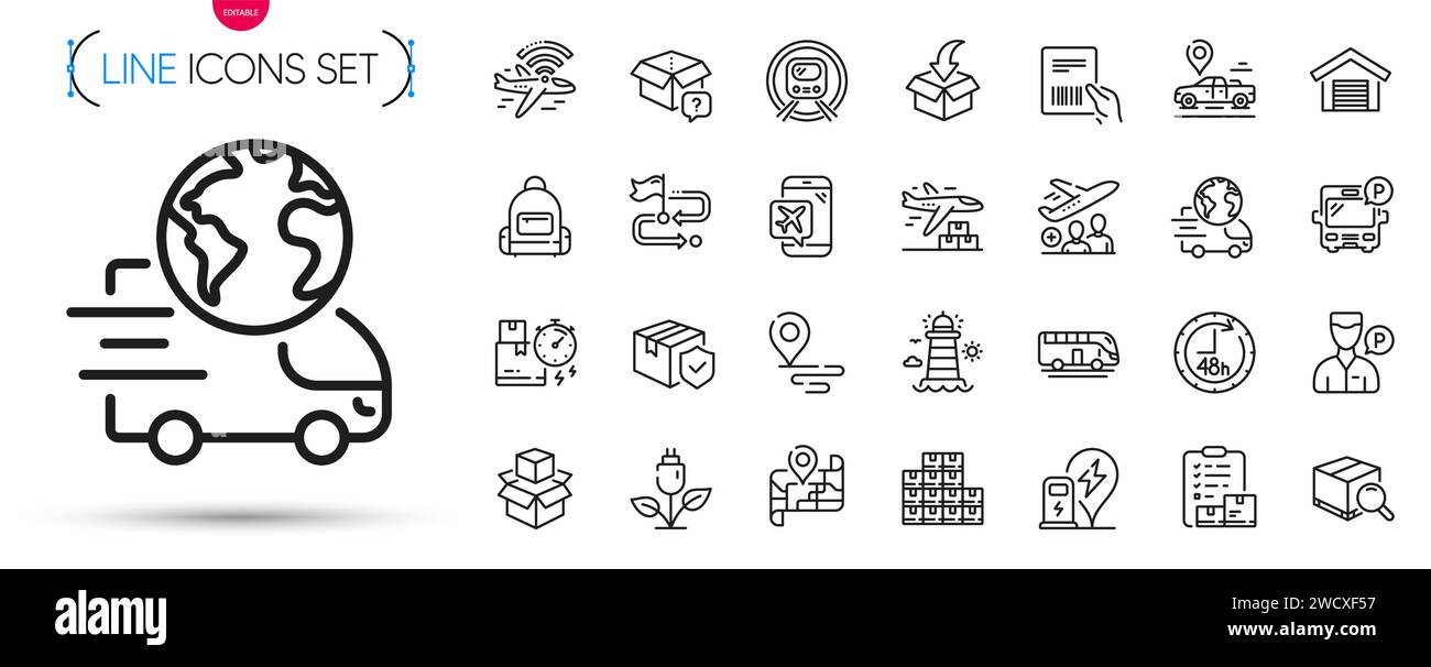 Pack of Airplane wifi, Place and Parcel invoice line icons. Pictogram ...