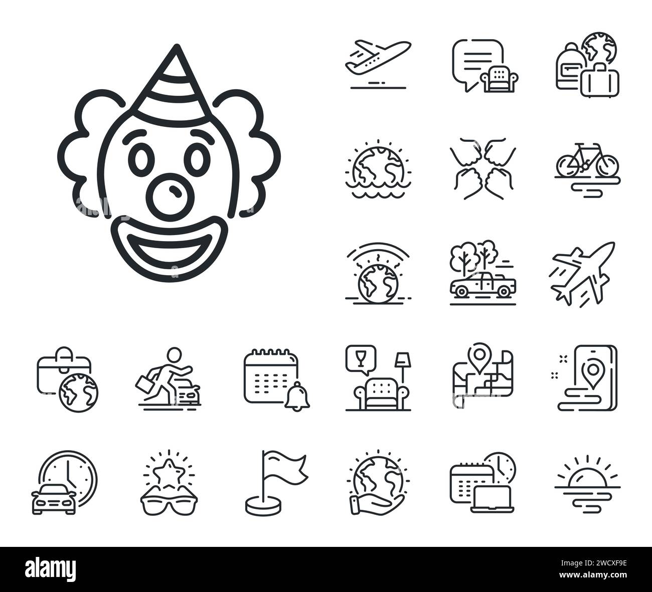 Clown line icon. Amusement park funnyman sign. Plane jet, travel map ...