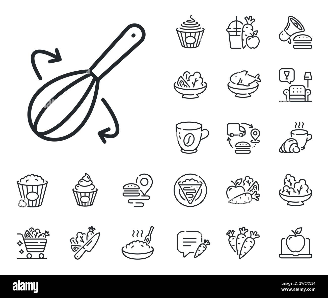 Cooking whisk line icon. Cutlery sign. Food mix. Crepe, sweet popcorn ...