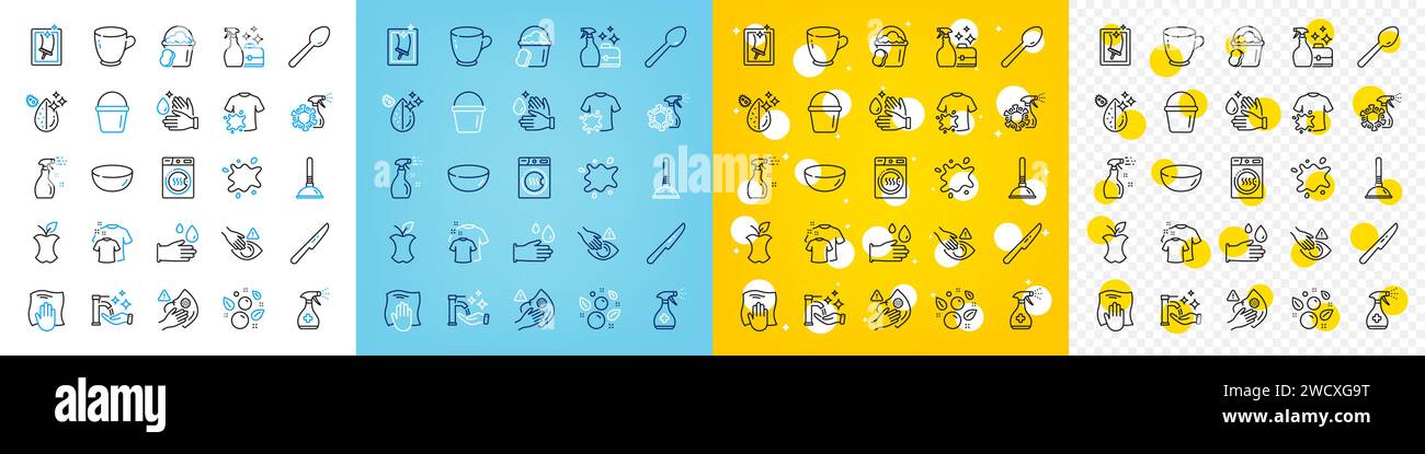 Vector icons set of Dirty spot, Washing cloth and Wash hands line icons ...