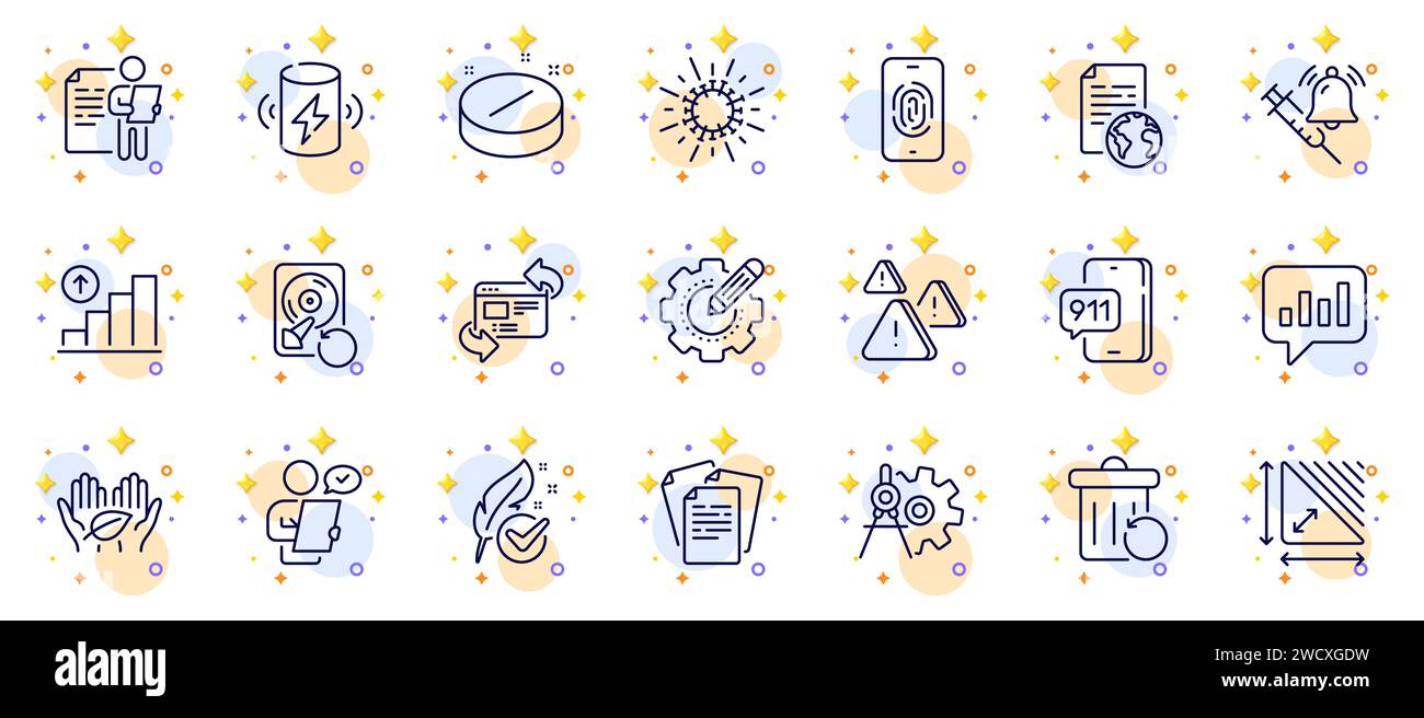 Outline set of Settings gear, Recovery hdd and Fingerprint line icons for web app. Pictogram ...