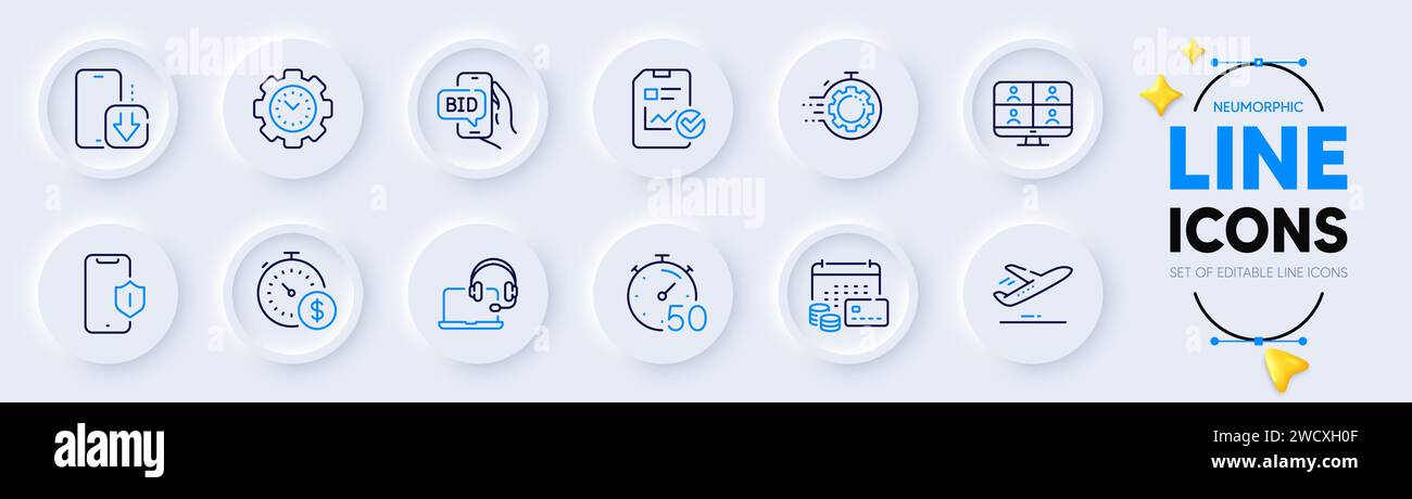 Time management, Phone download and Plane line icons for web app. Pictogram icon. Vector Stock ...