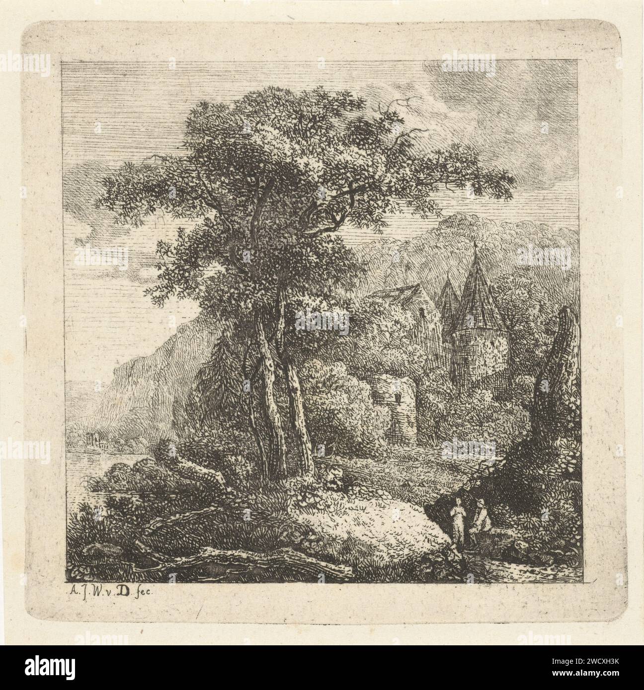 Mountainous landscape with trees, castle and two figures, Adriaan Jacob ...