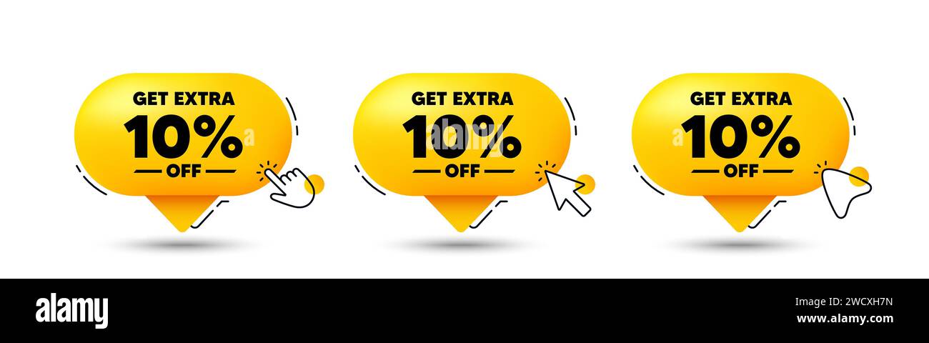 Get Extra 10 percent off sale. Discount offer sign. Click here buttons ...