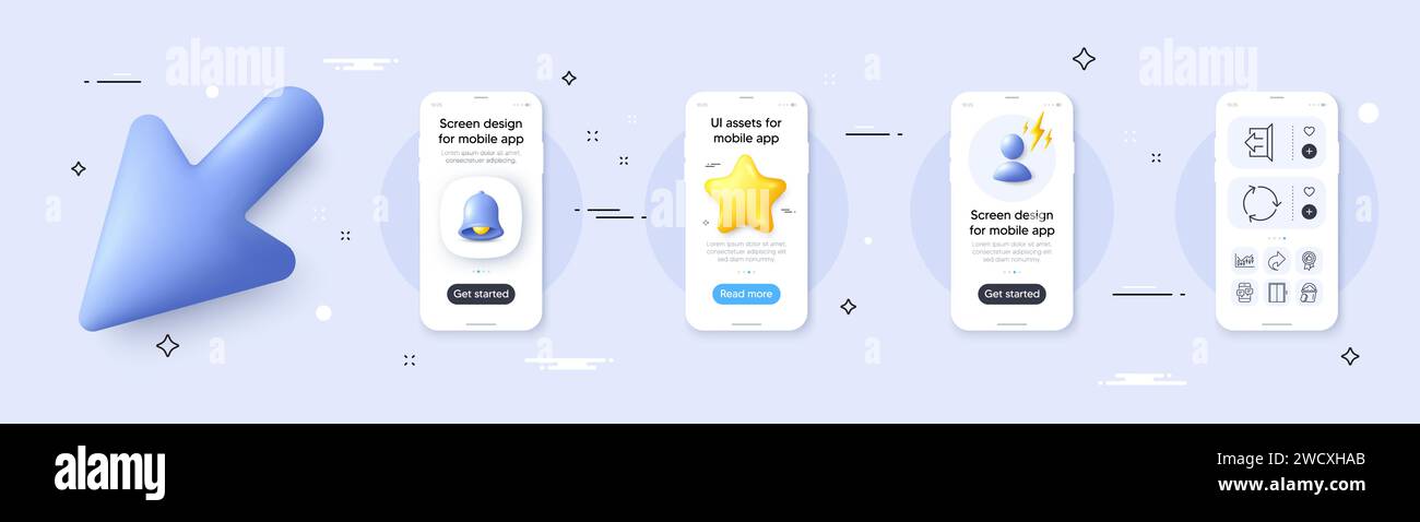 Share, Lift and Sponge line icons pack. For web app. Phone screen ...