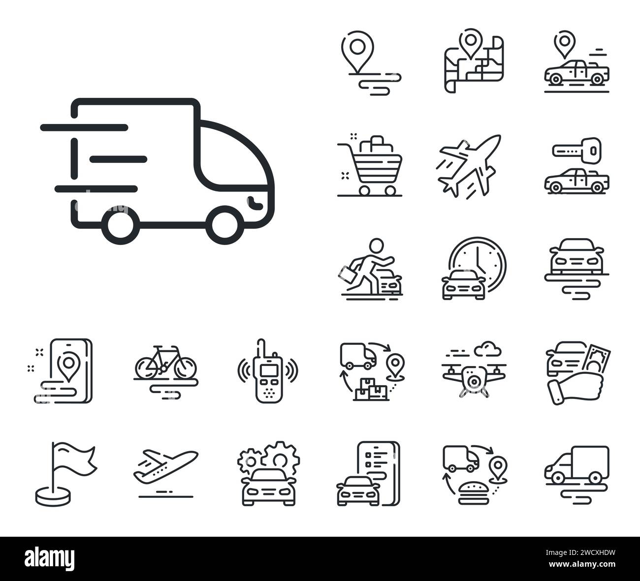 Truck delivery line icon. Express service sign. Plane, supply chain and ...