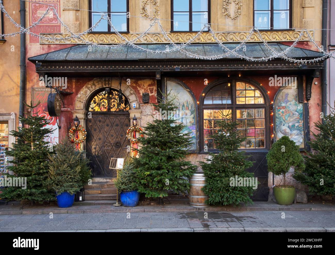 Holiday decorations of Old market square in Warsaw. Poland Stock Photo ...