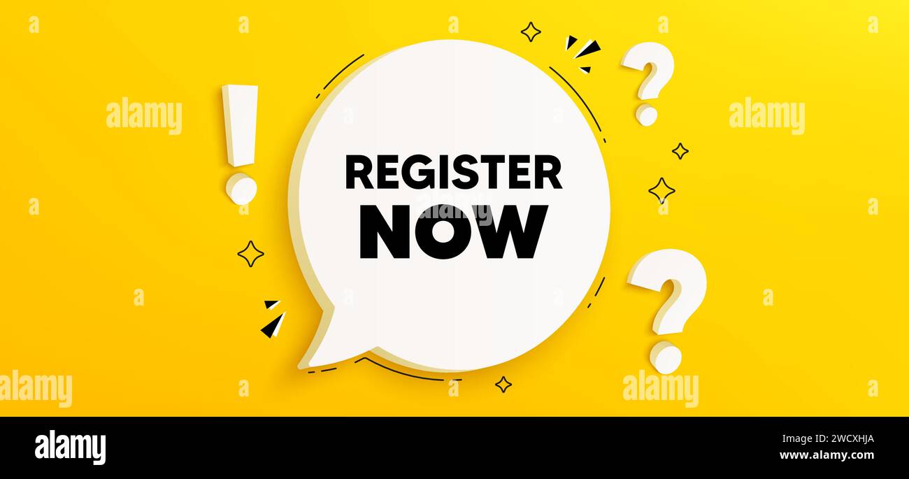 Register now tag. Free registration offer. Chat speech bubble banner ...