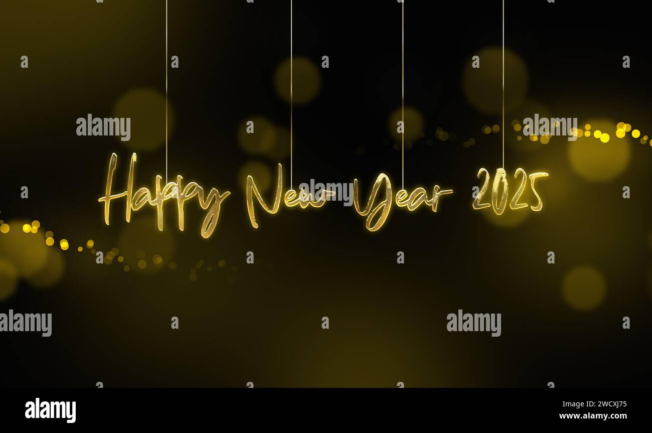 Happy New Year 2025. Hanging golden text with sparkling bokeh in the ...