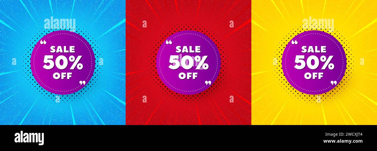 Sale 50 percent off banner. Discount sticker shape. Sunburst offer ...