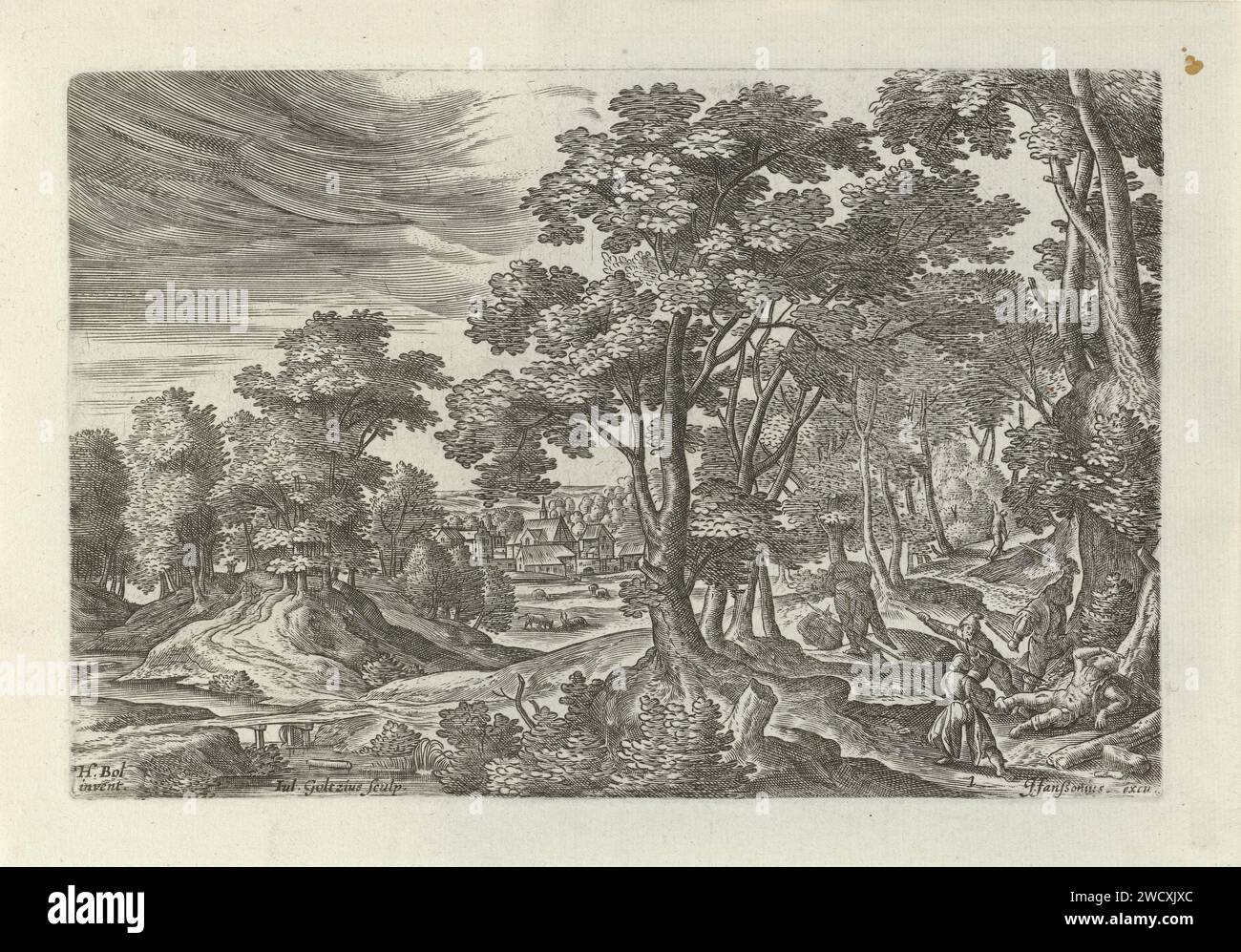 Landscape with robbery on the traveler, Julius Goltzius, After Hans Bol ...