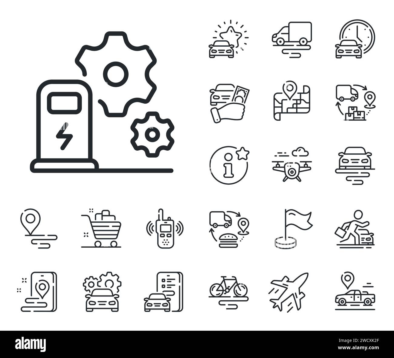 Charging station line icon. Car charger service sign. Plane, supply ...
