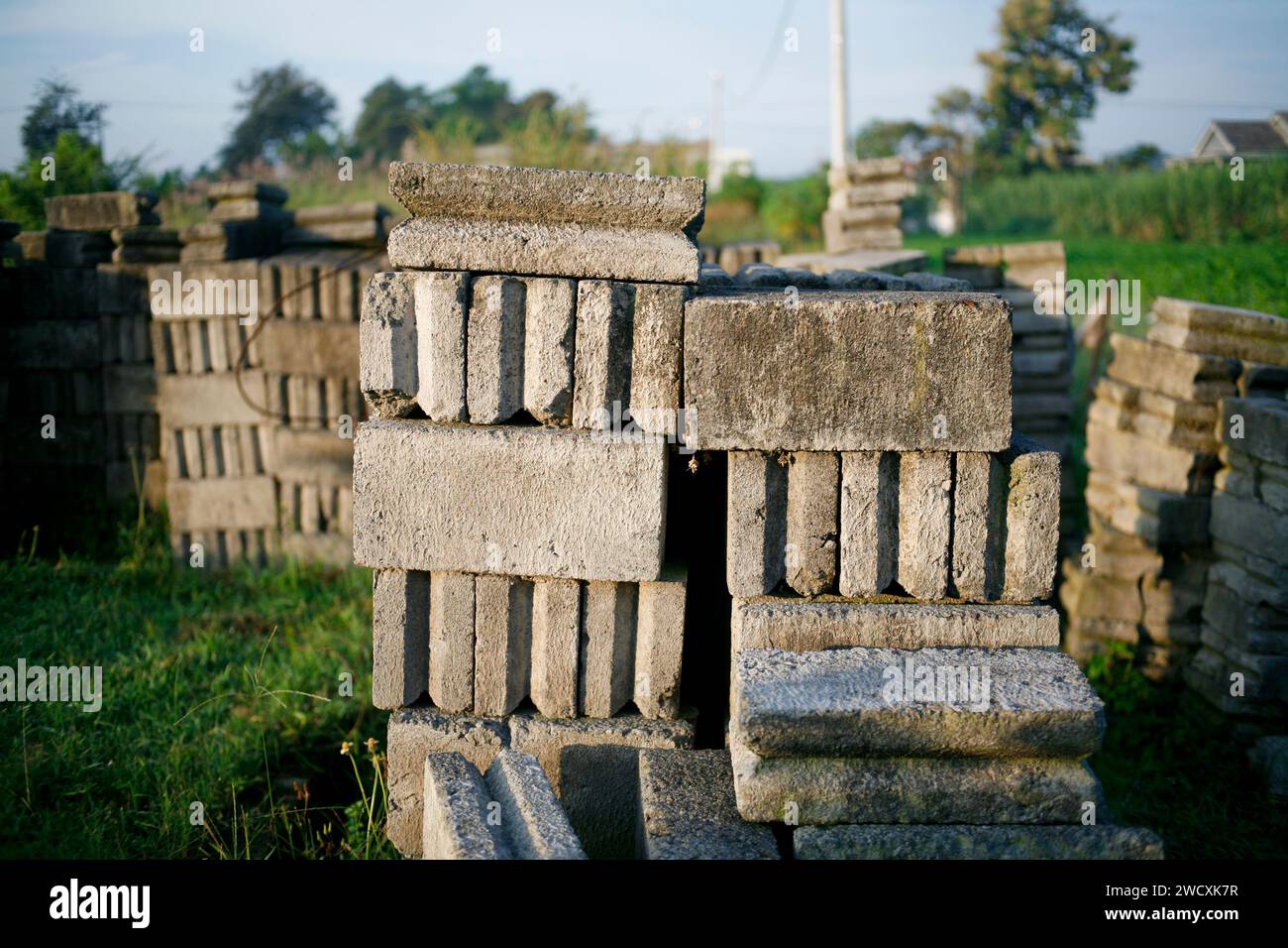 Concrete block stacks on site Stock Photo - Alamy
