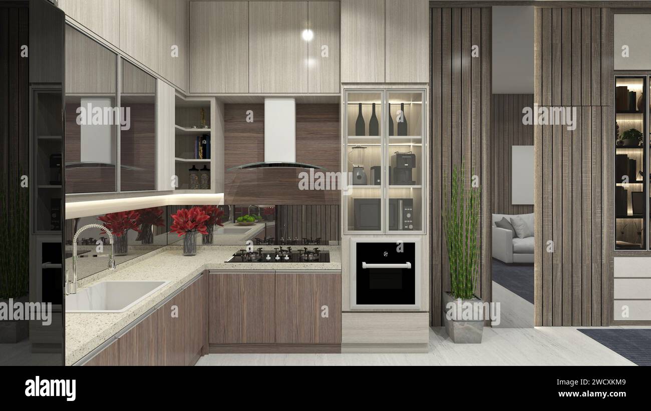 Modern Kitchen with Display Cabinet Stock Photo - Alamy