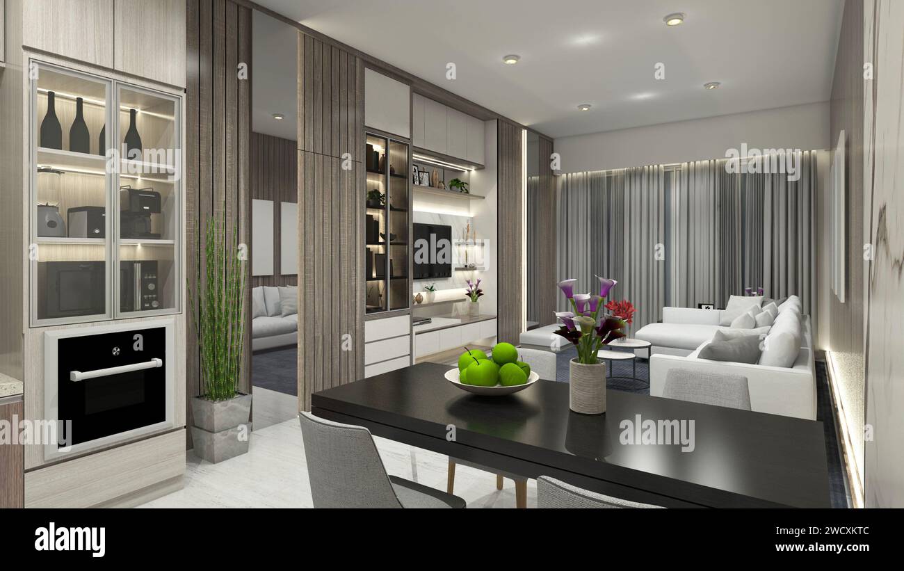 Interior Living Room with Dining Table Design Stock Photo - Alamy