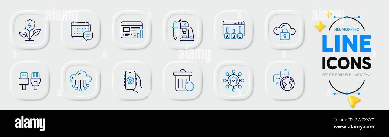 App settings, Cloud protection and Microscope line icons for web app. Pictogram icon. Vector ...