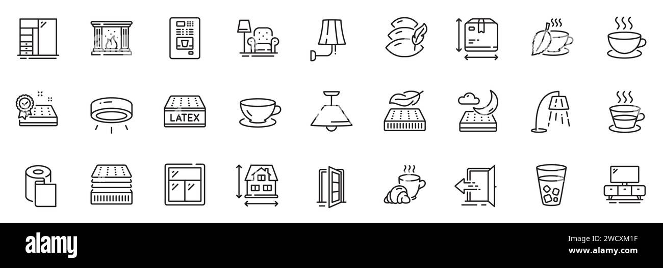 Icons pack as Mattress guarantee, Box size and Tv stand line icons. For ...