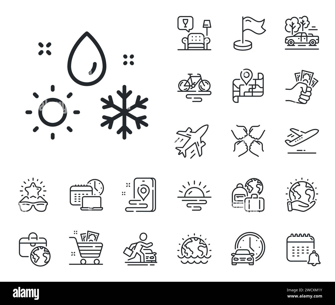 Weather line icon. Winter snowflake sign. Sun and rain. Plane jet ...