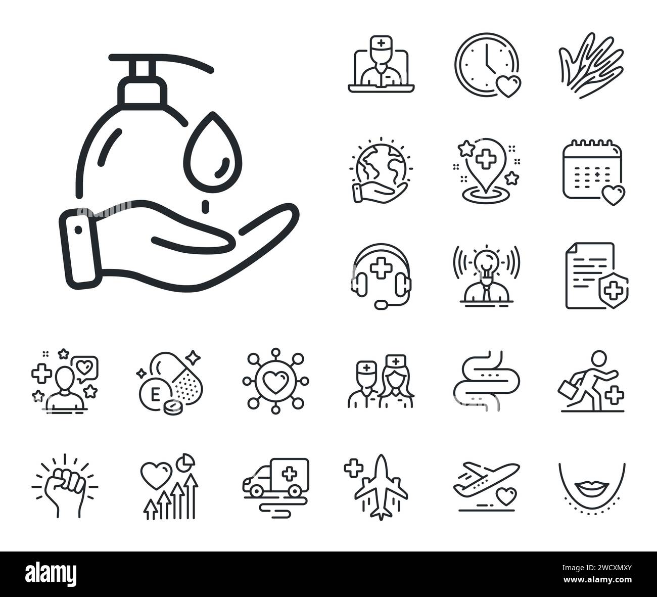 Wash hands line icon. Covid hygiene sign. Online doctor, patient and ...