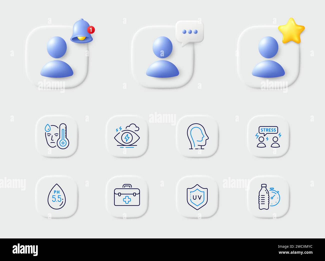 Uv protection, Fever and Stress line icons. For web app, printing ...