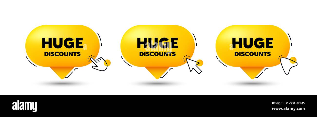 Huge Discounts tag. Special offer price sign. Click here buttons ...