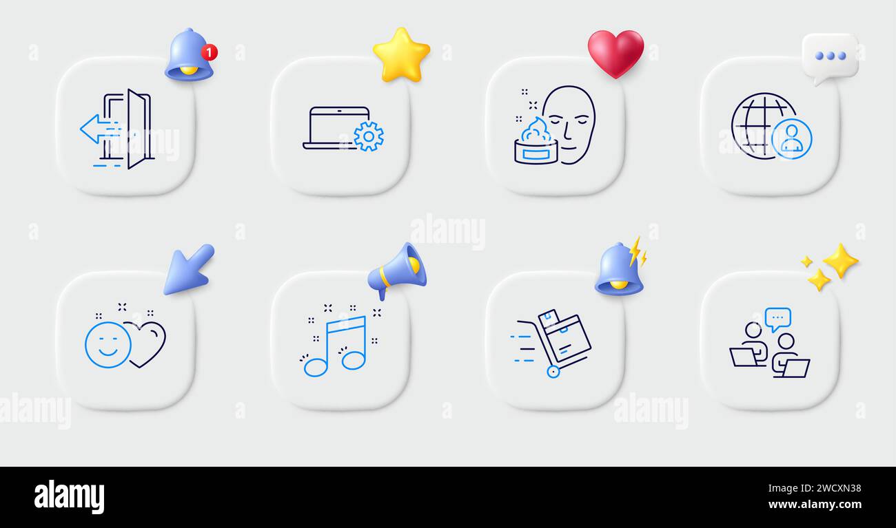 Face cream, Smile and Musical note line icons. For web app, printing ...