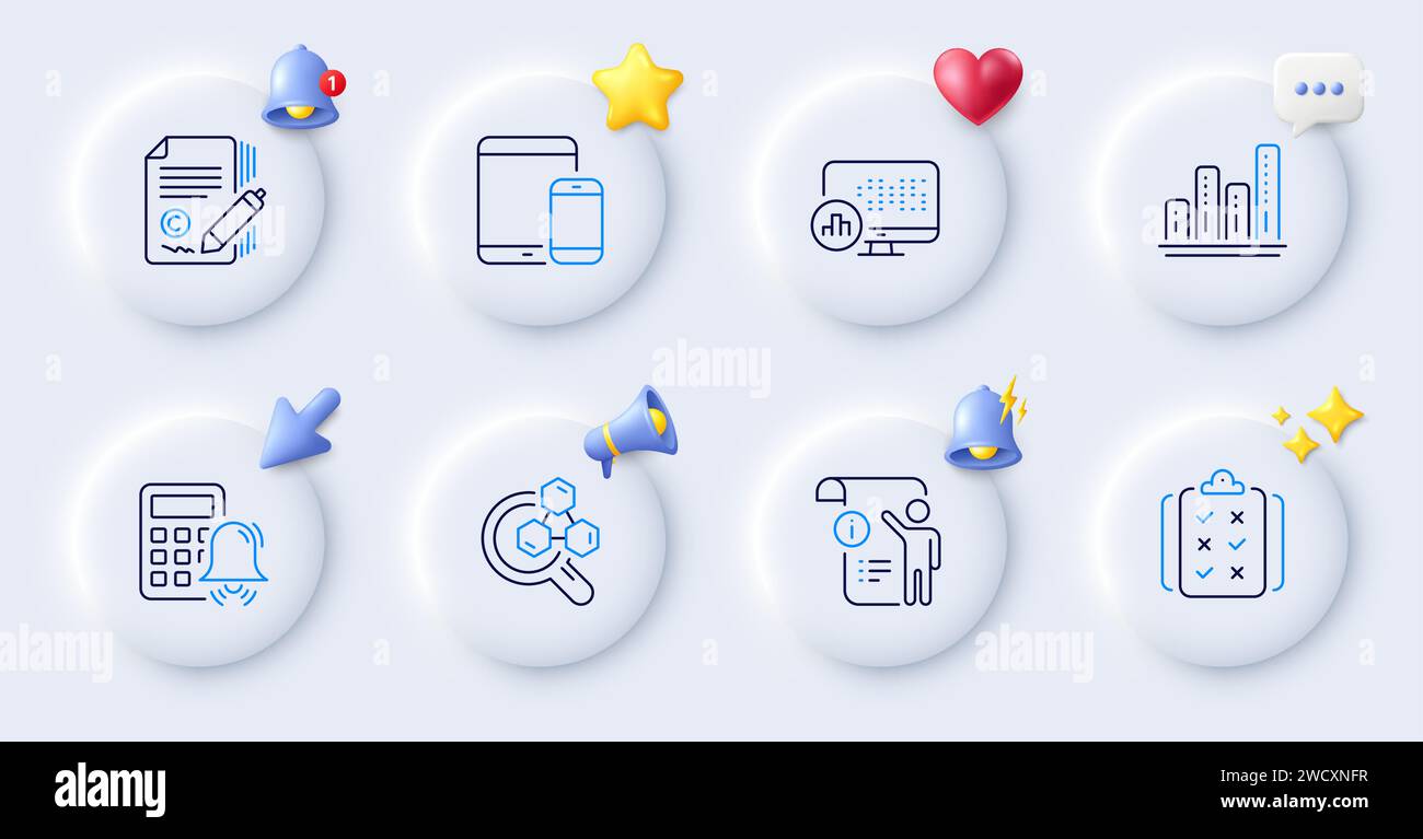 Copywriting, Calculator alarm and Graph chart line icons. For web app ...