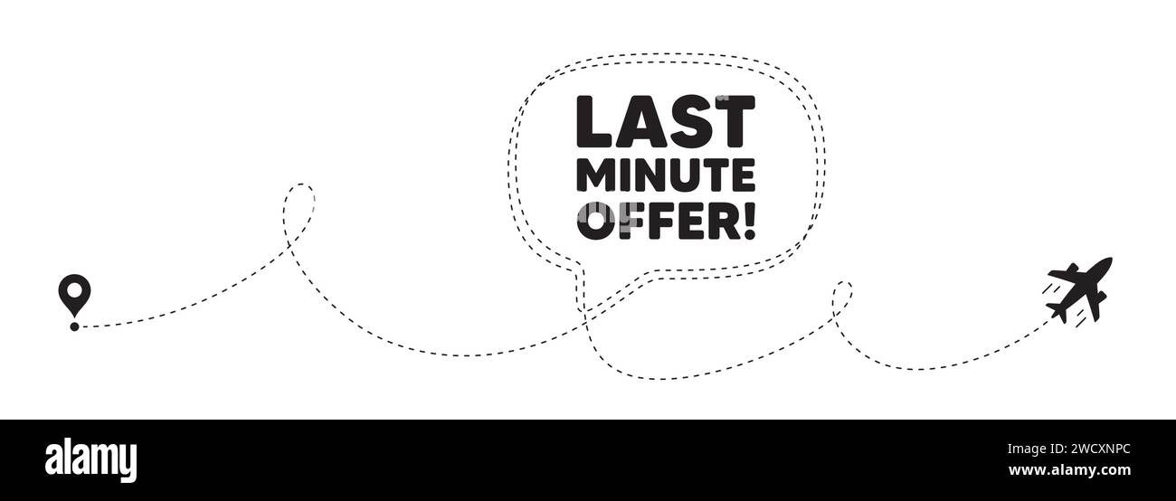 Last minute offer. Special price deal sign. Plane travel path line ...