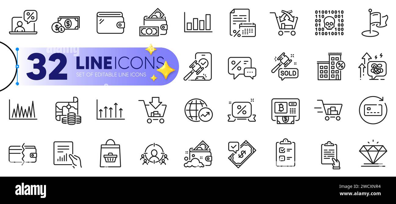 Outline set of Document, World statistics and Cross sell line icons. For web app. Vector Stock ...
