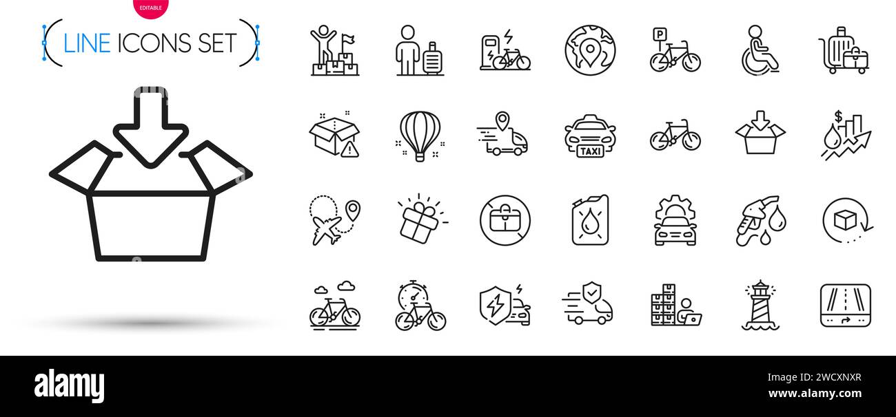 Pack of Car charging, Bicycle and Return package line icons. Pictogram ...