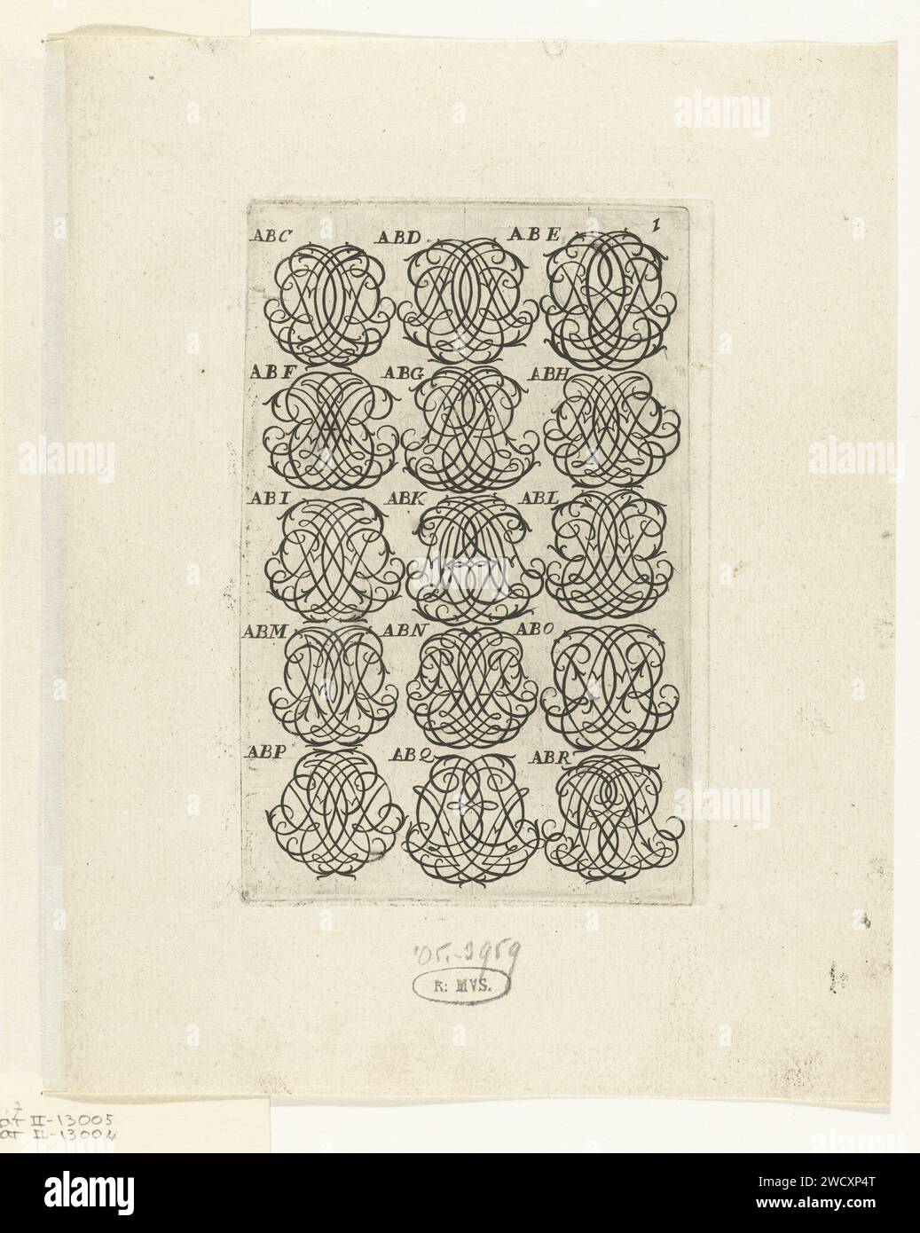 Fifteen letter monograms (ABC-UC), c. 1690 - c. 1691 print From series ...