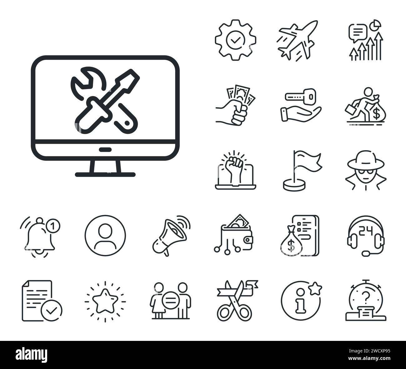 Repair computer line icon. Device service sign. Salaryman, gender ...