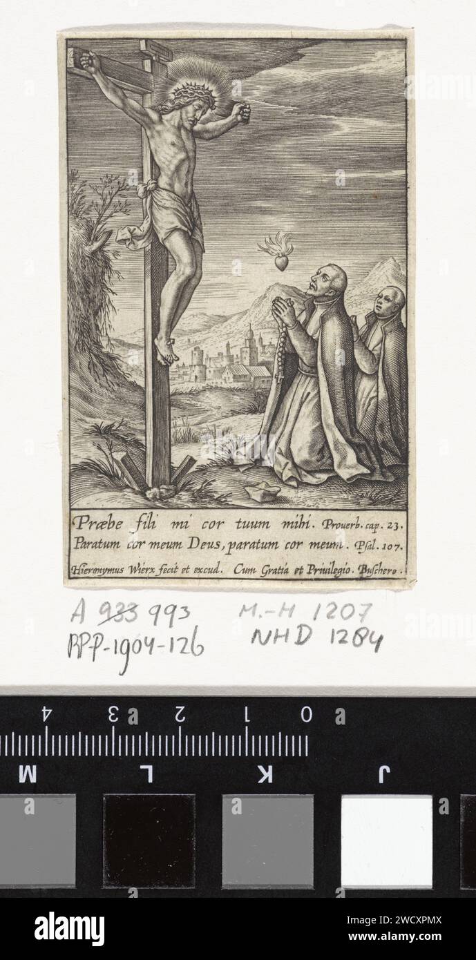 Crucified Christ worshiped by Franciscus Xaverius and Stanislaus Kostka, Hieronymus Wierix, 1563 ...