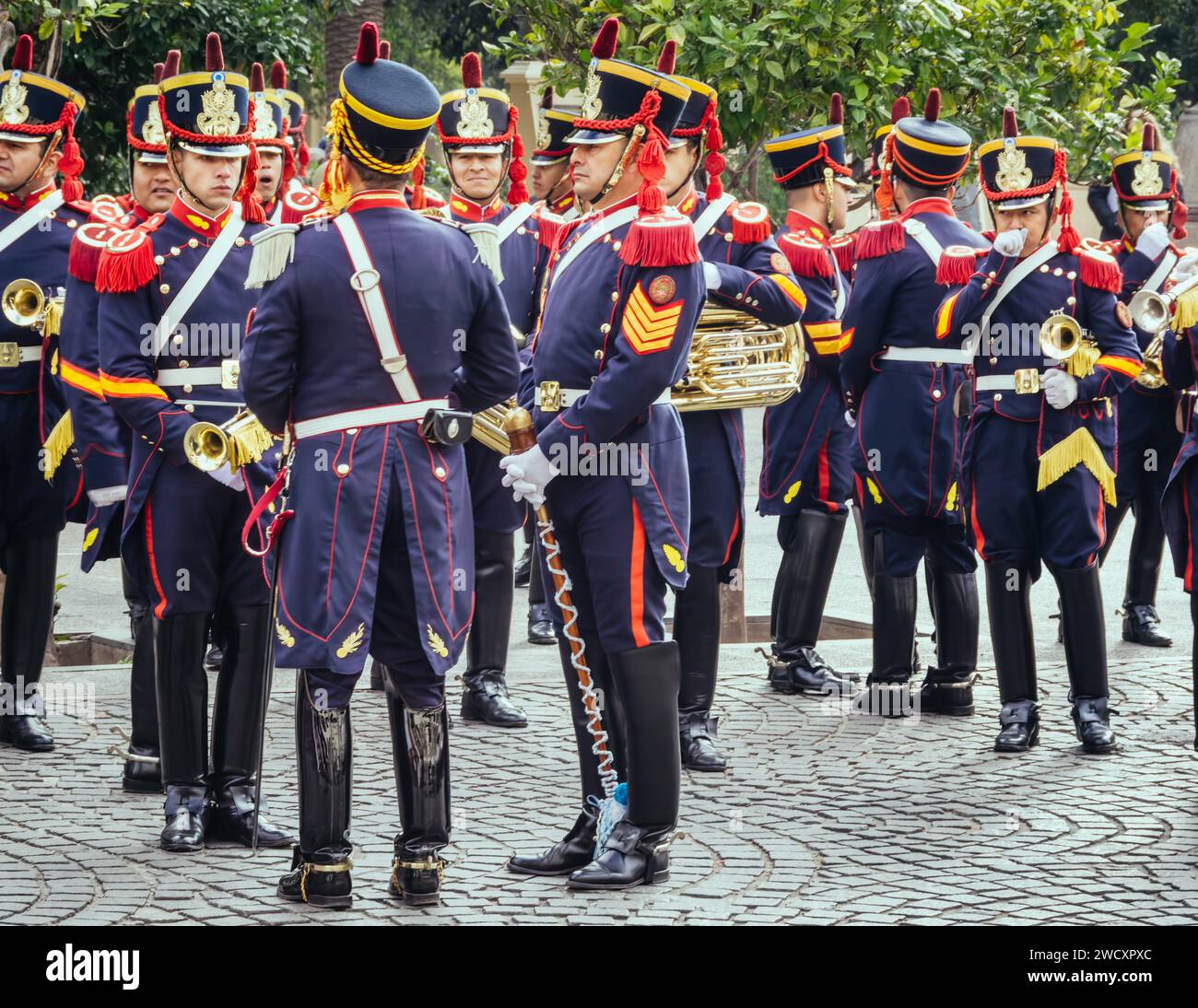 Salta, Argentina, June 6th 2018: Grenadiers musicians rest before a ...