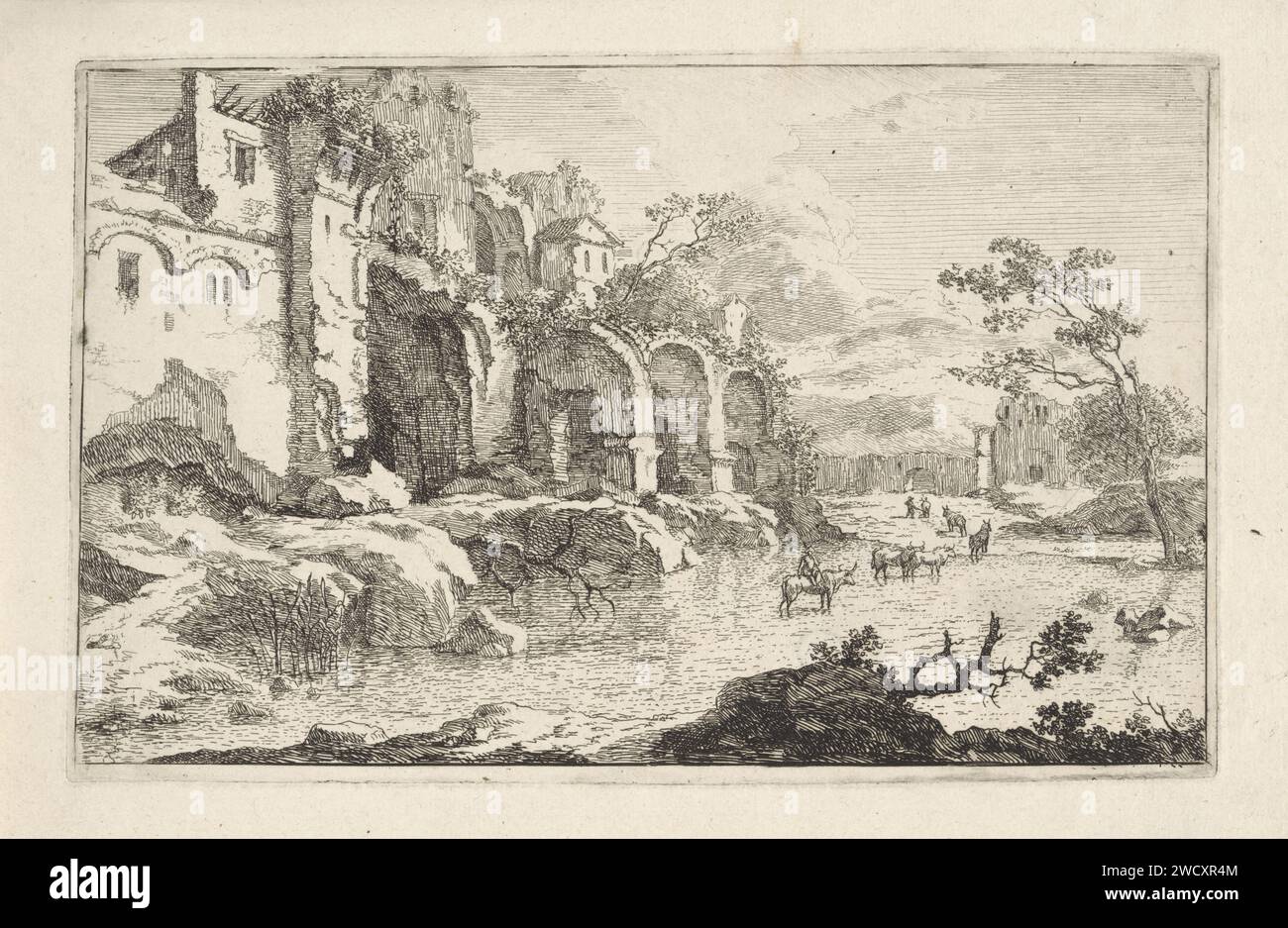 Landscape with ruin and shepherd, Jan Smees, 1705 - 1729 print ...