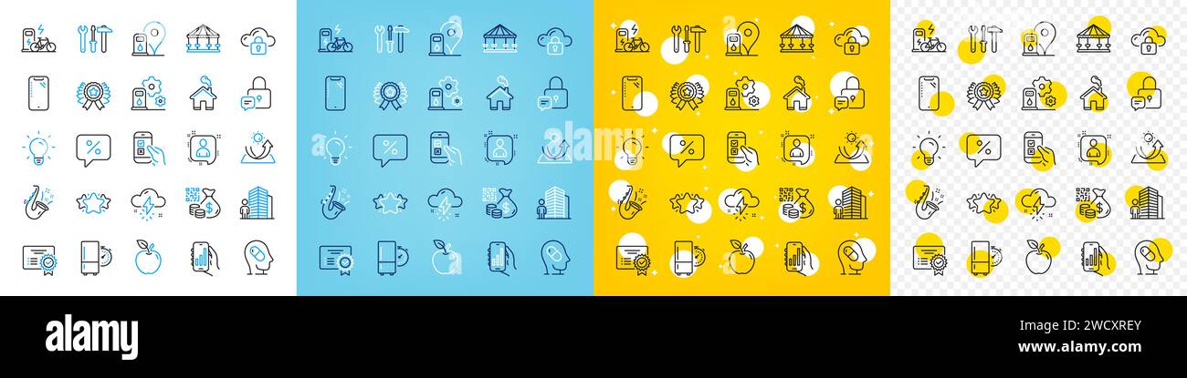 Vector icons set of Qr code, Certificate and Sun protection line icons. For web app. Vector ...