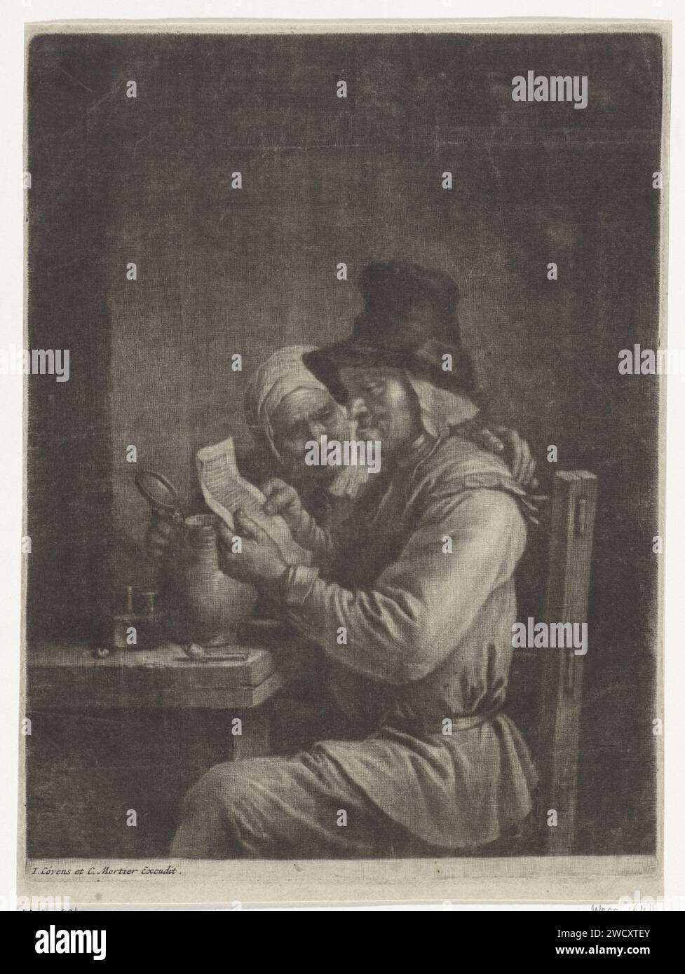 Lettering man and wife, Wallerant Vaillant, After David Teniers (II), 1658 - 1677 print A man ...