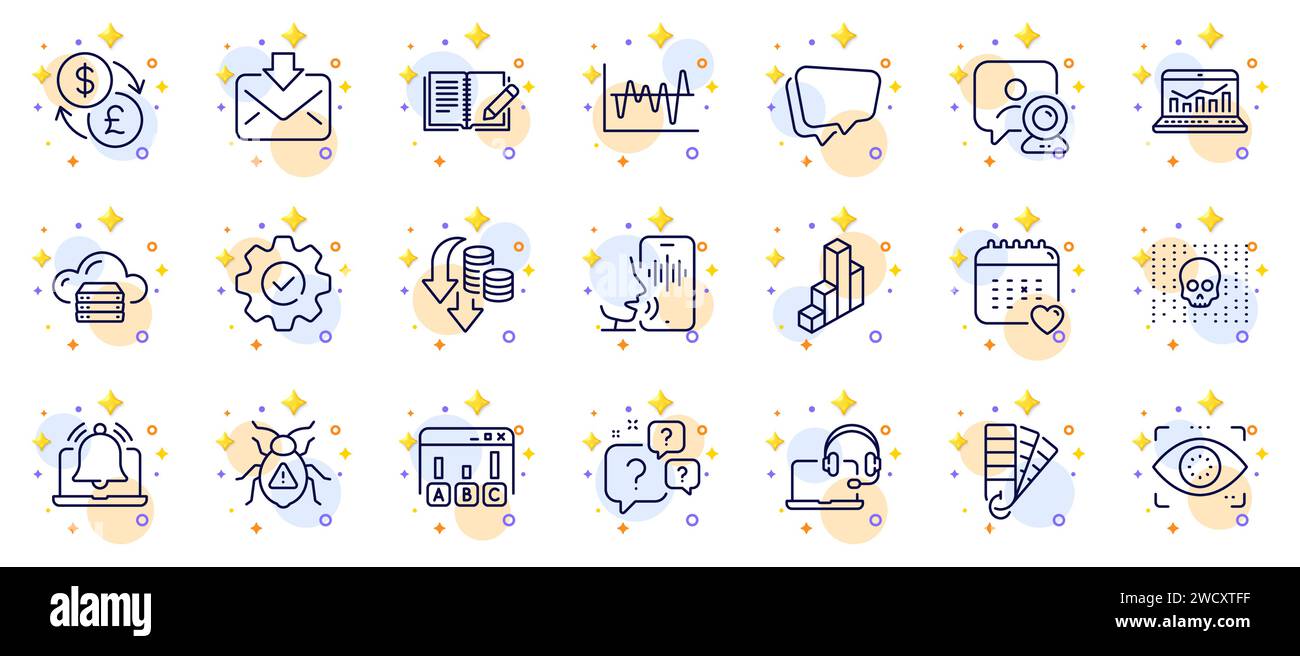 Outline set of Execute, Cyber attack and Voicemail line icons for web app. Pictogram icon ...