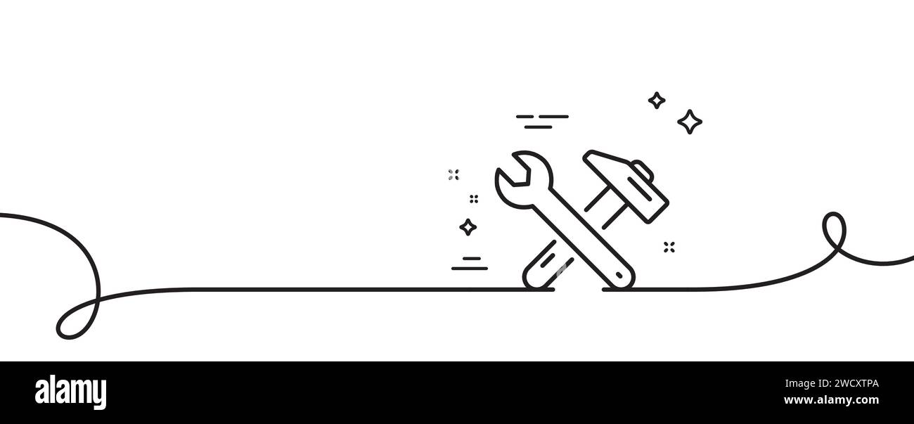 Spanner and hammer line icon. Repair service sign. Continuous line with curl. Vector Stock ...