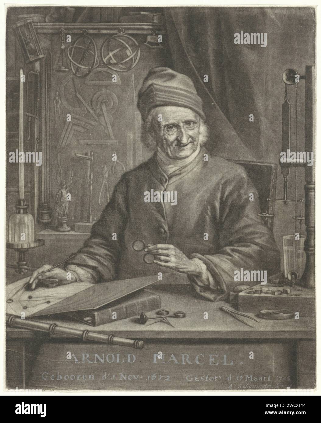 Portrait of Arnold Marcel, Aert Schouman, 1748 print The mathematician ...