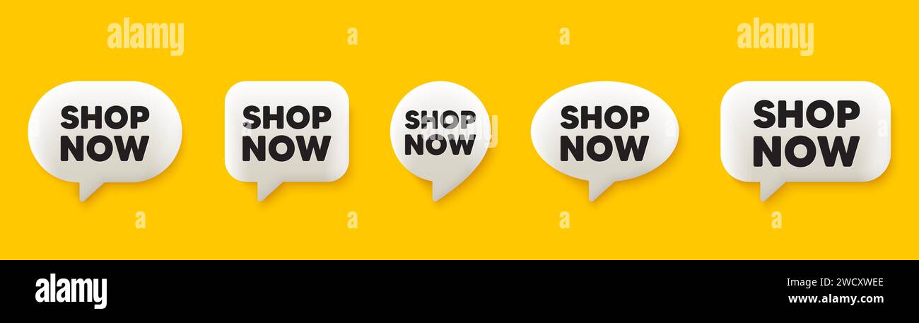 Shop now symbol. Special offer sign. 3d speech chat bubbles. Vector ...