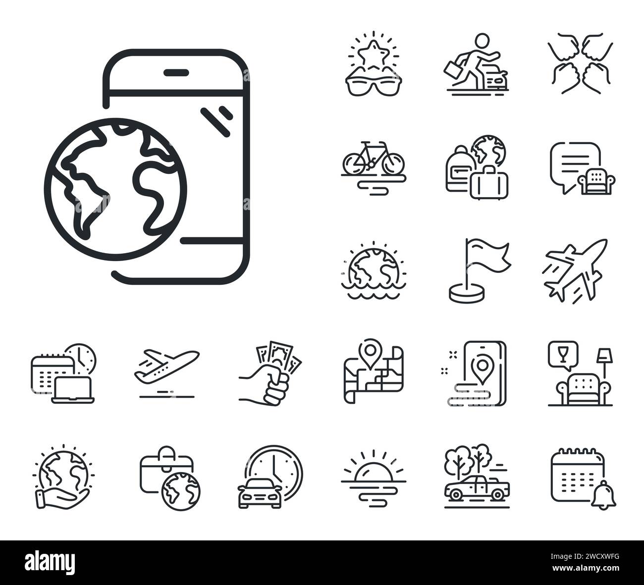 Mobile internet line icon. Online business sign. Plane jet, travel map ...