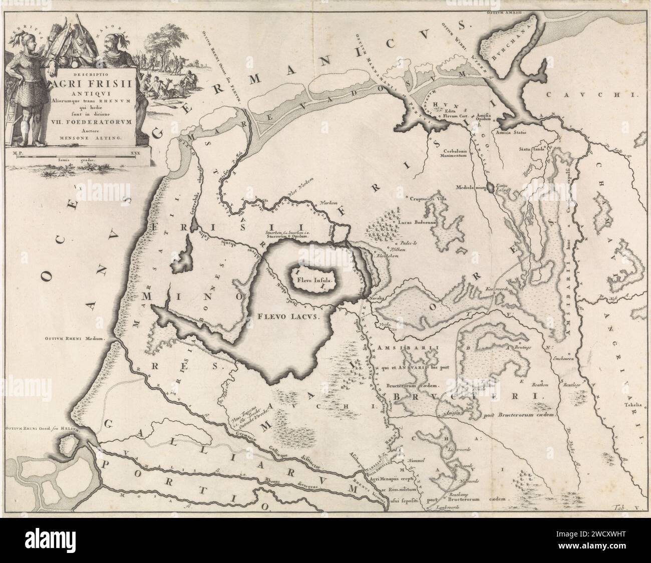 Historical map of the Netherlands with the areas of the Batavians and Frisians V, Jan Luyken ...