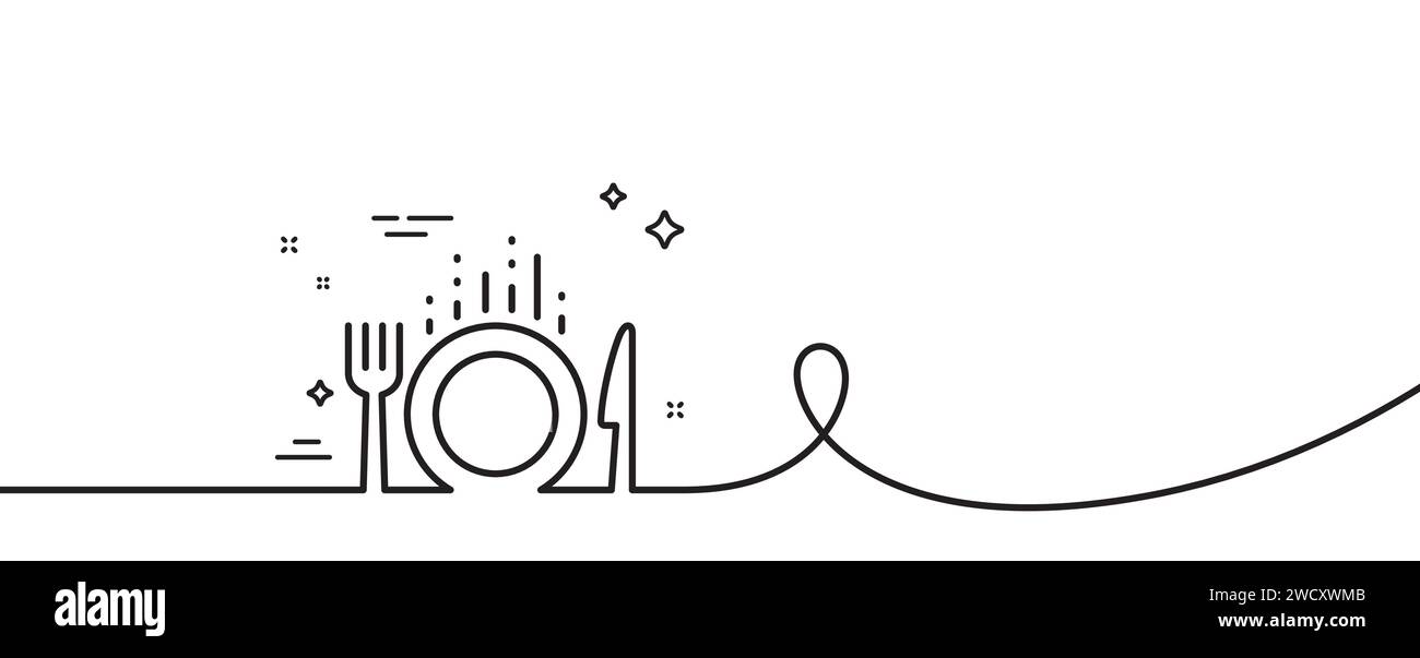 Food line icon. Cutlery sign. Fork, knife. Continuous line with curl ...