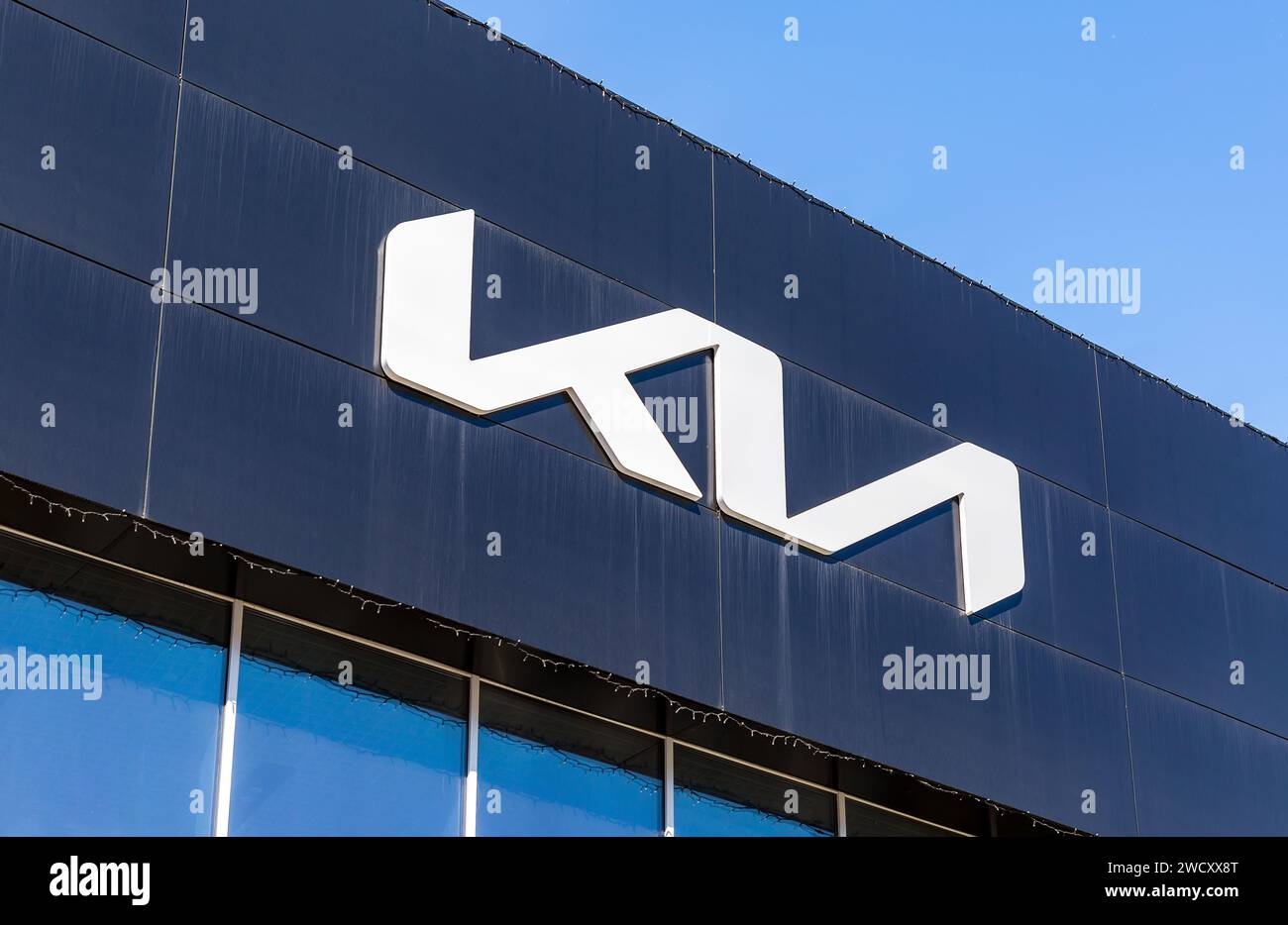 Samara, Russia - June 18, 2022: KIA Motors dealership logo. Kia Motors is South Korea's ...