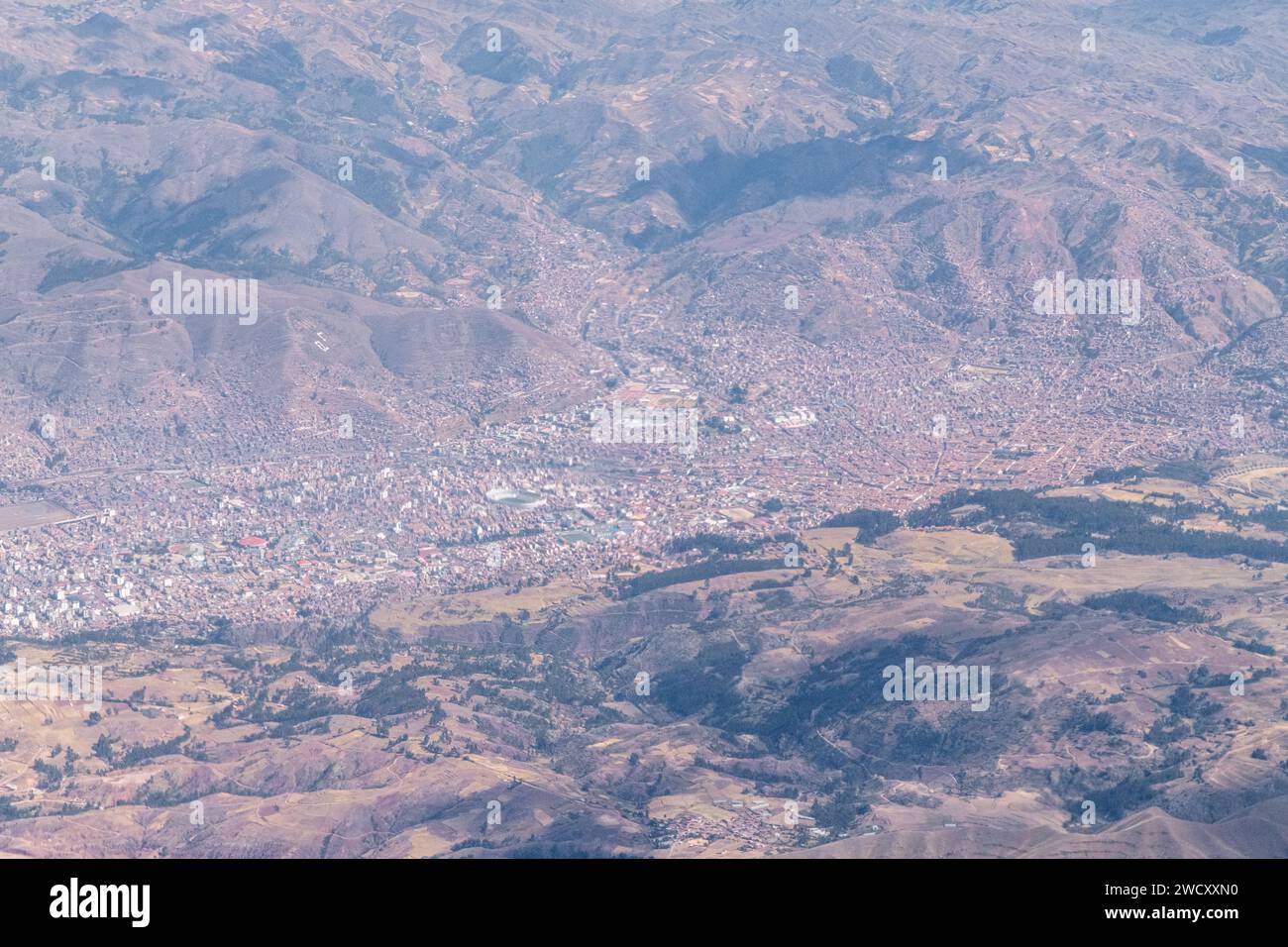 A view from a plane of the city of Cusco and surrounding Andes ...