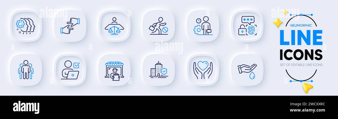 Hold heart, Employee and Click hands line icons for web app. Pictogram ...