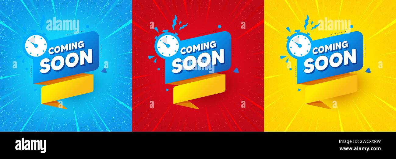 Coming soon paper banner. Timer announcement tag. Sunburst offer banner ...