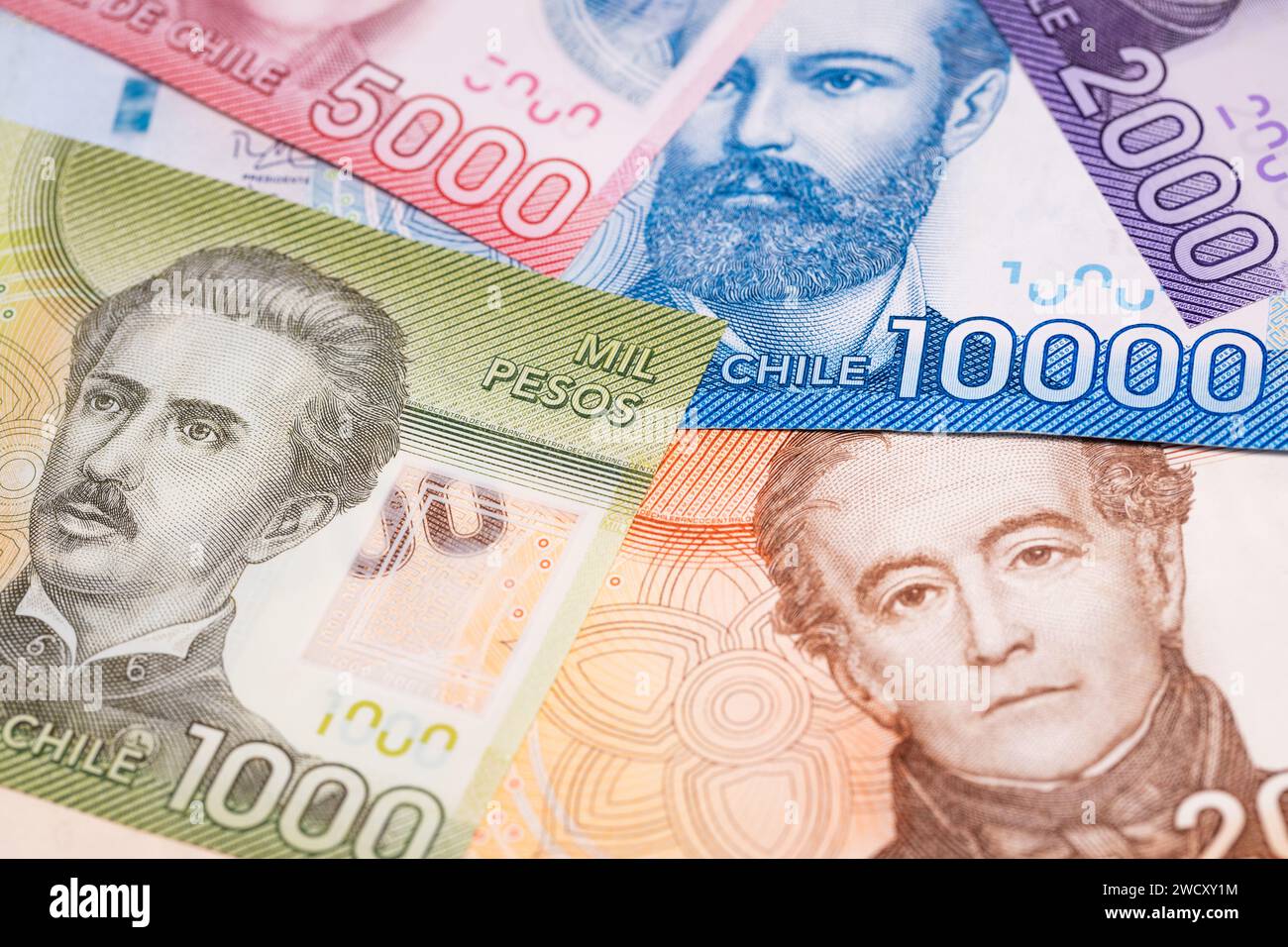 Chile money, all paper banknotes, Chilean peso currency, financial ...